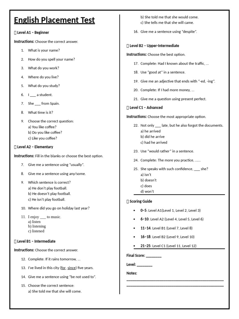 English Placement Test Levels A1-B2 | PDF | Linguistics