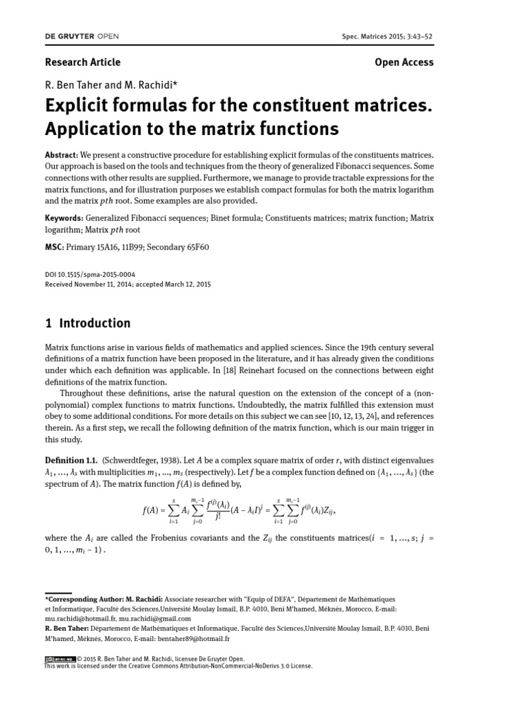 Explicit Formulas for the Constituent Matrices App | PDF | Matrix (Mathematics) | Recurrence ...