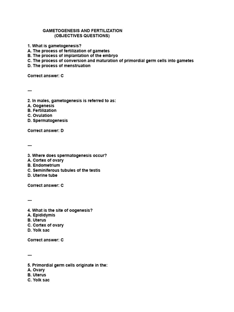 GAMETOGENESIS AND FERTILIZATION Objectives Questions | PDF | Meiosis ...