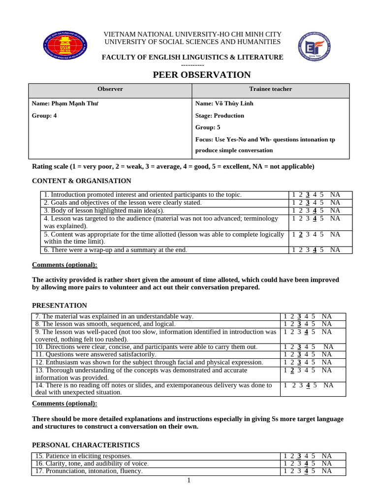 Peer Observation Form | PDF | Nonverbal Communication | Human Communication