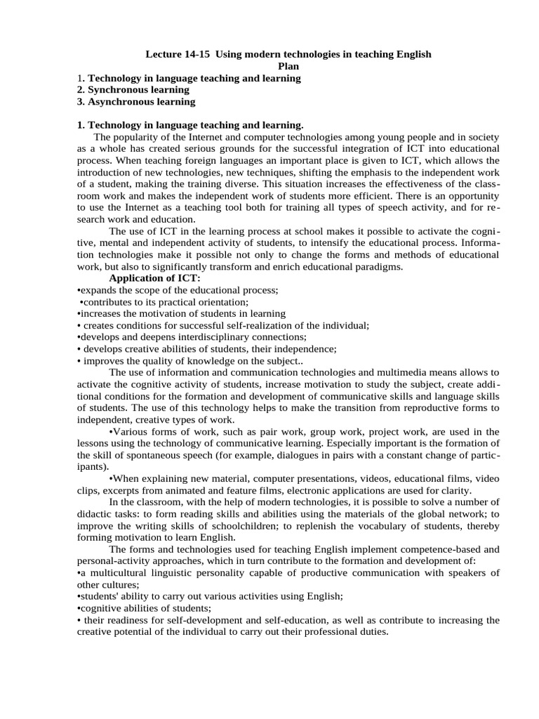 Lecture 14 Using Modern Technologies in Teaching English | PDF ...