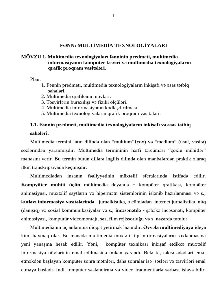 MÖVZU 1. Multimedia Texnologiyaları Fənninin Predmeti, Multimedia ...