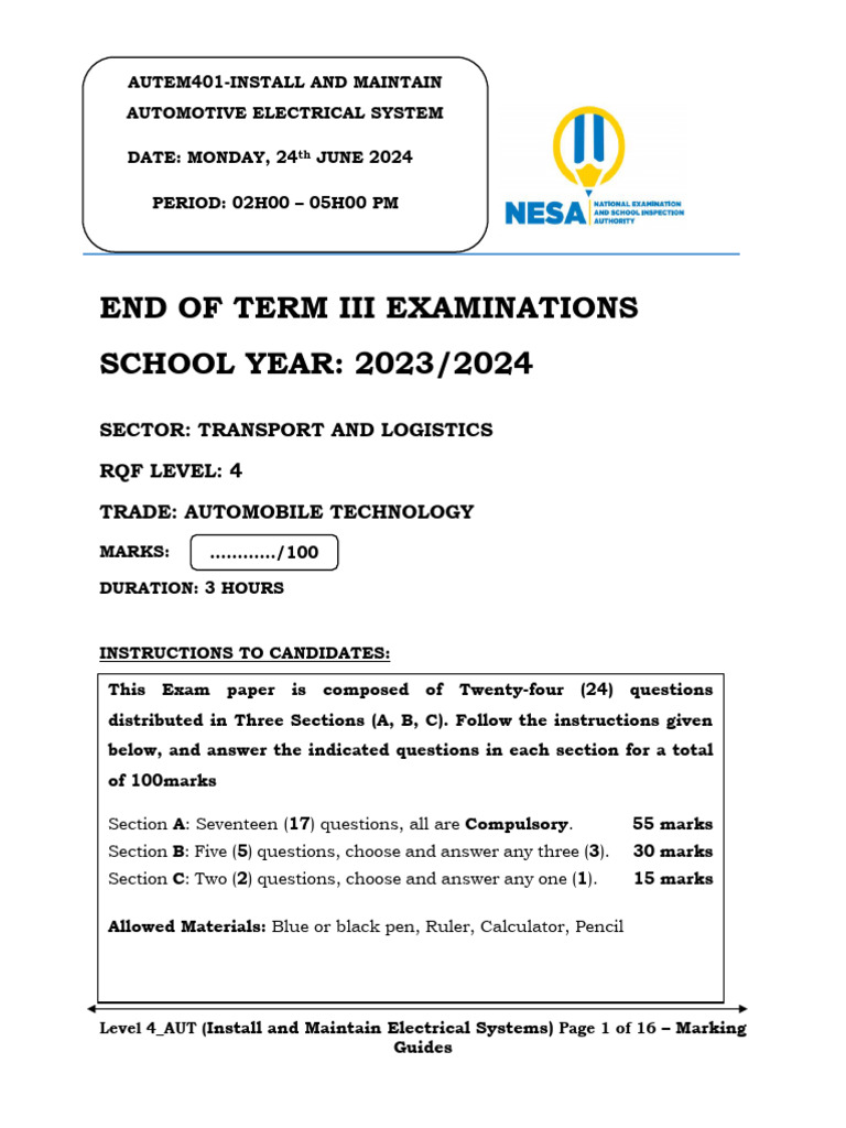 Level 4 Exam: Automotive Electrical Systems | PDF | Distributor ...