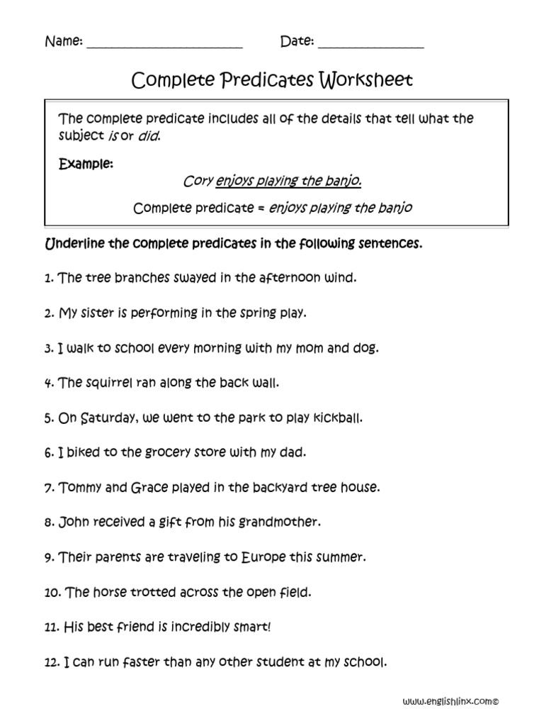 Complete Predicates Worksheet 1 | PDF