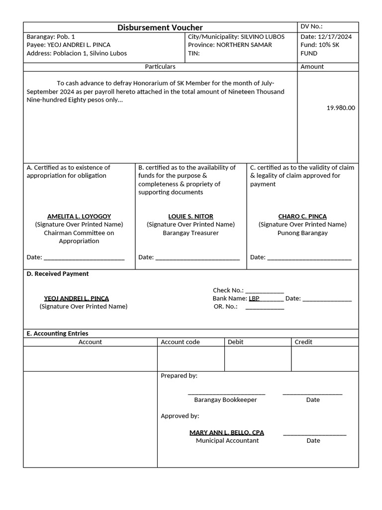 Disbursement Voucher (HONORARIUM) | PDF | Payments | Corporate Jargon