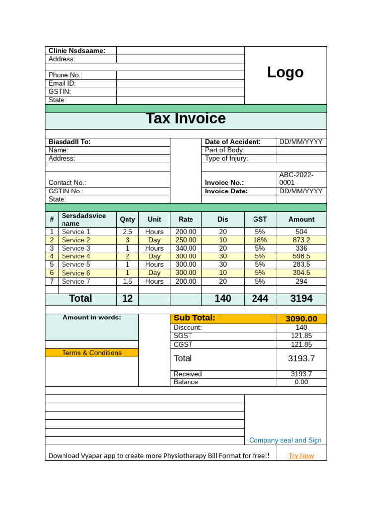 Physiotherapy Invoice Template | PDF