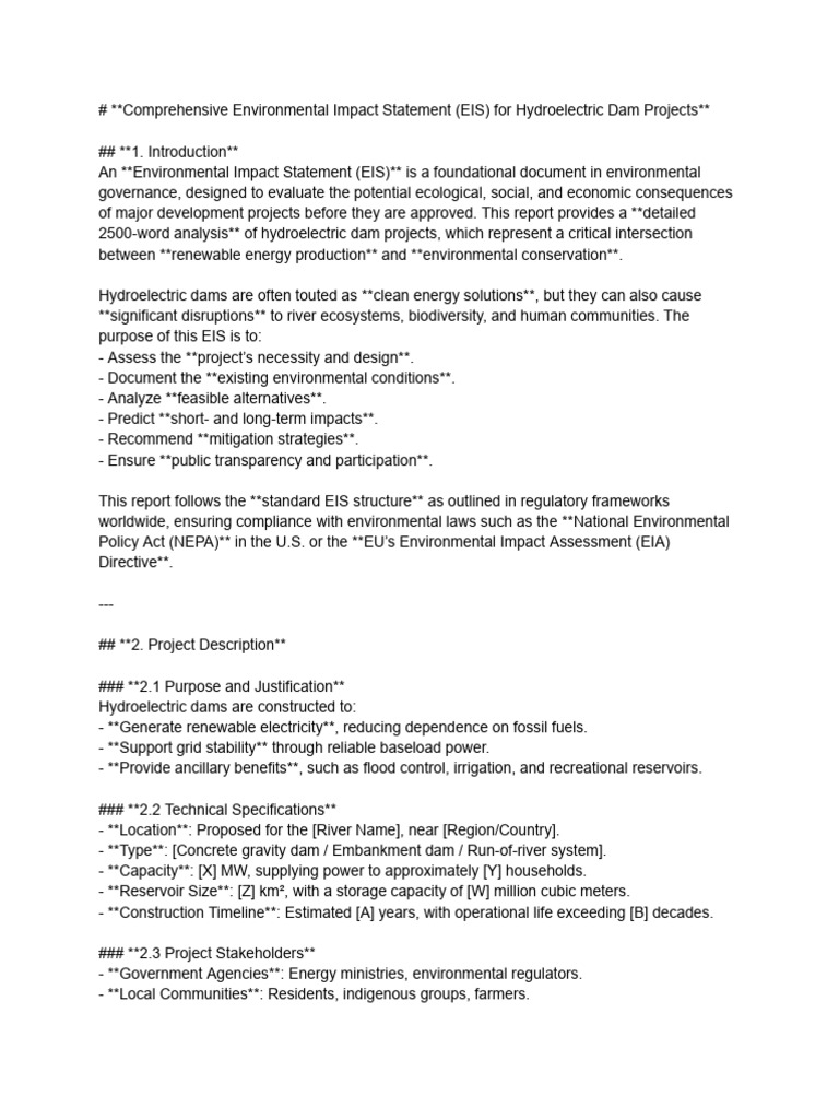 Comprehensive Environmental Impact Statement (EIS) For Hydroelectric ...