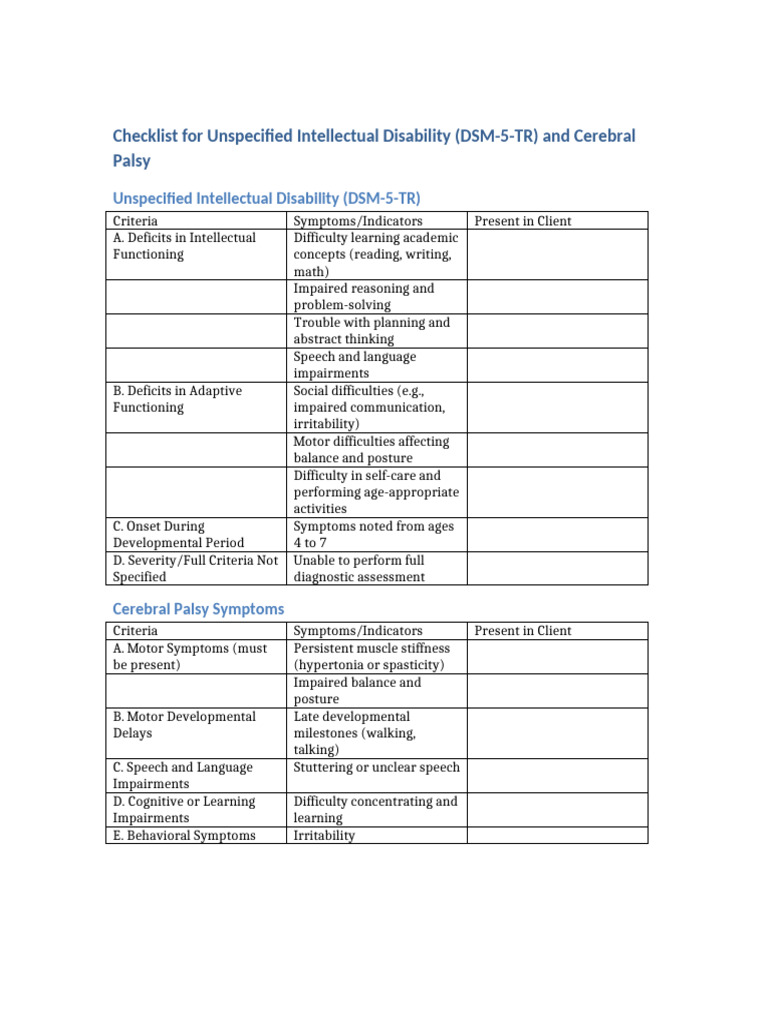Unspecified Intellectual Disability Cerebral Palsy Checklist | PDF