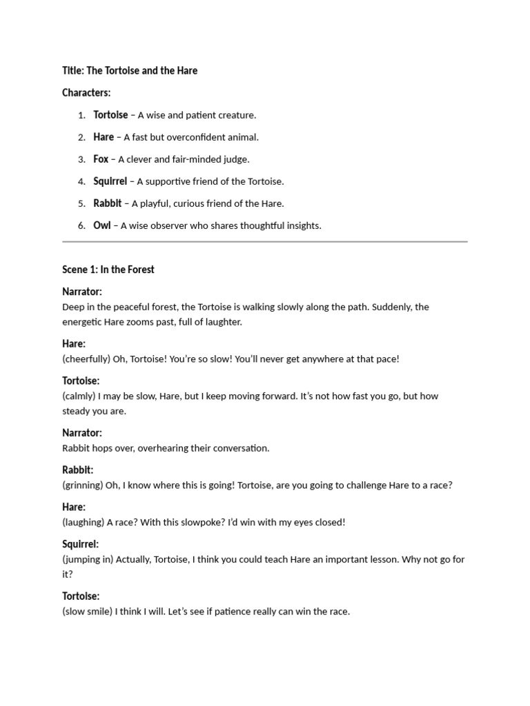 The Tortoise and The Hare 6 Characters 1 Narrator | PDF