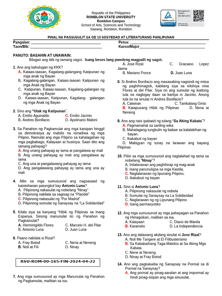 Final Exam Ge 12 Sosyedad at Literatura | PDF
