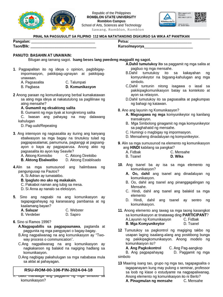 Final Exam Sa Fil 112 Natatanging Gamit | PDF