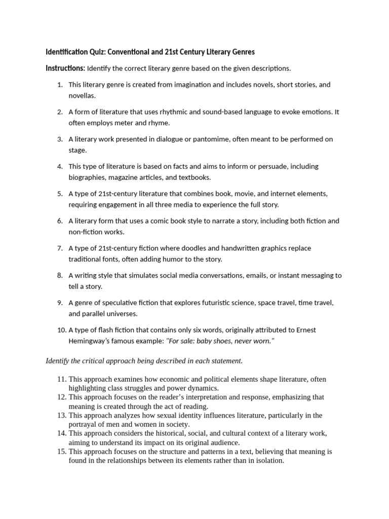 Literary Genre Identification Quiz | PDF | Genre | Feminism
