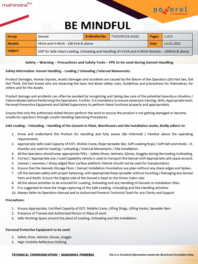 SOP For Safe Intact Loading, Unloading and Handling of H kVA and H HkVA ...