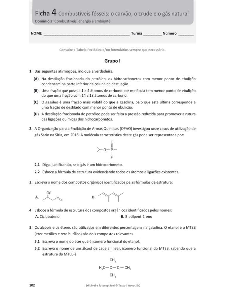Ficha 4 - Combustíveis fósseis o carvão, o crude e o gás natural | PDF ...