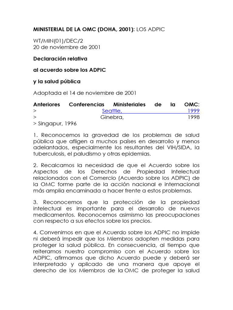 ADPIC y Salud Pública: Declaración OMC 2001 | PDF | Acuerdo de viajes ...