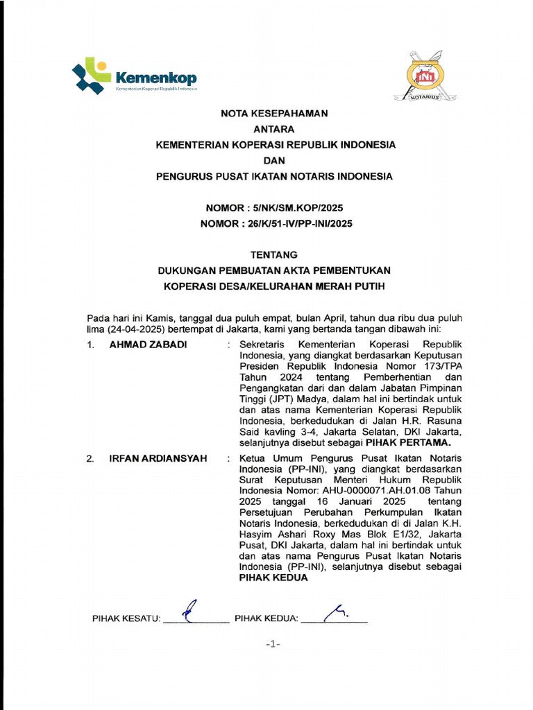 Nota Kesepahaman Antara Kemenkop Dan Pengurus Ini - 0001 | PDF