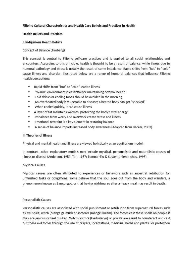 Filipino Cultural Characteristics and Health Care Beliefs and Practices ...