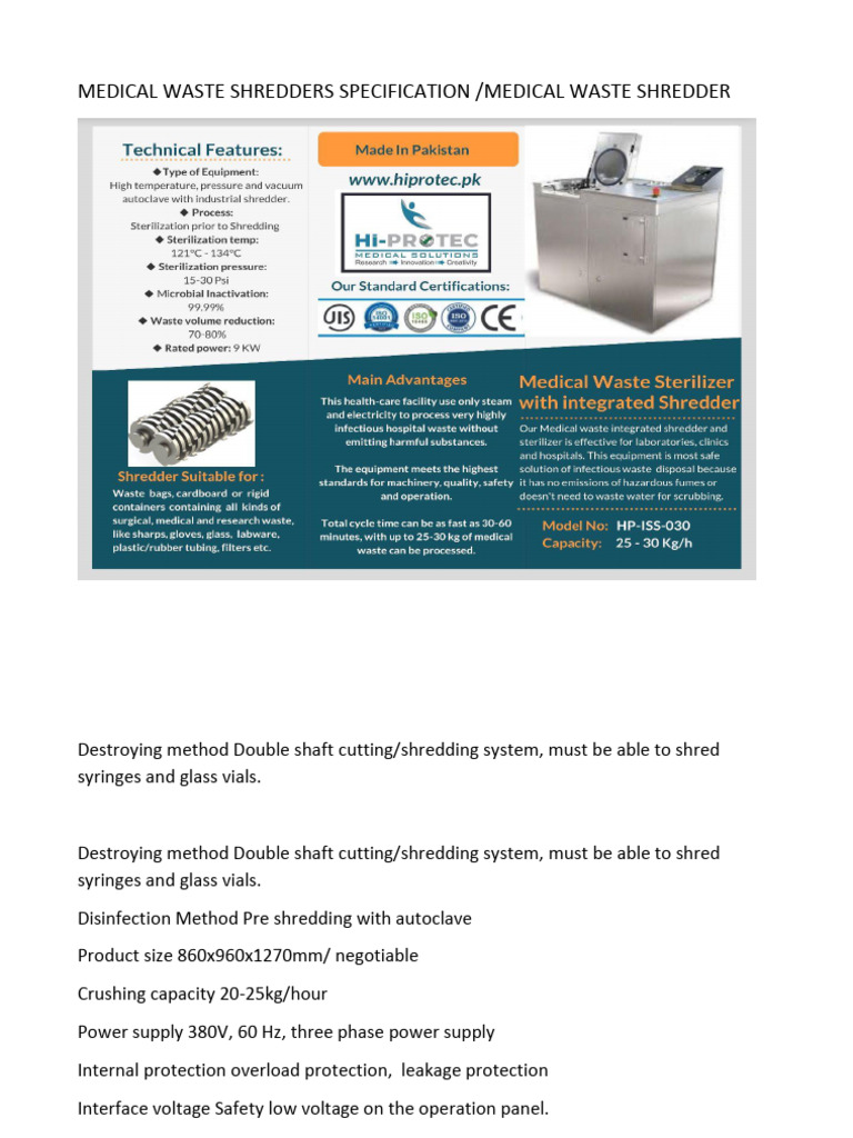 Medical Waste Shredders Brochure and Certificate | PDF