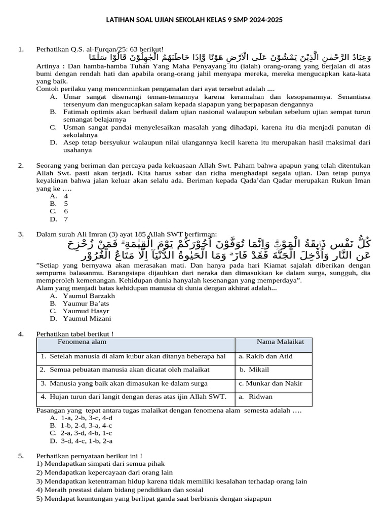 Latihan Soal Ujian Sekolah Kelas 9 SMP 2024 | PDF