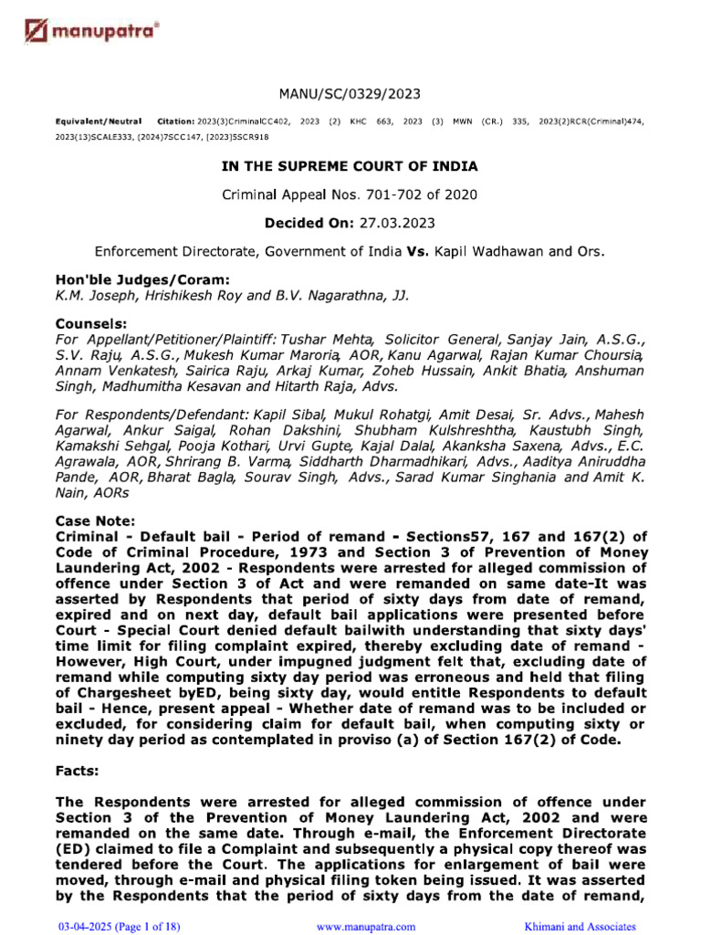 enforecment drt. case for remand date | PDF