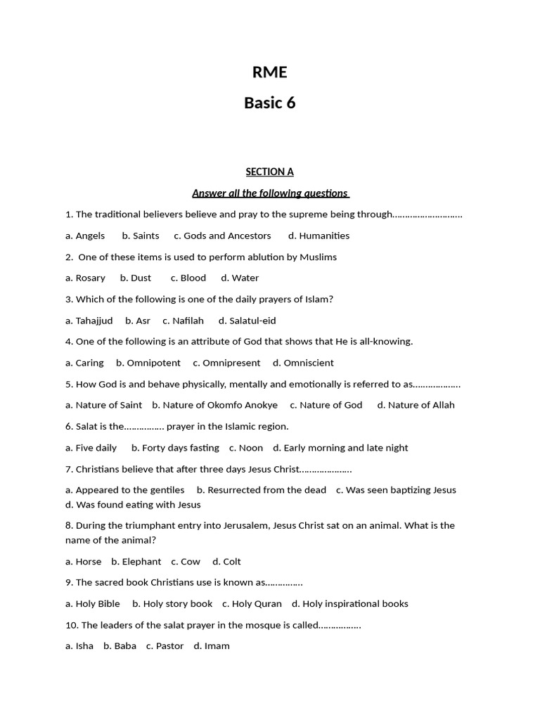 RME Basic 6 Religious Studies Quiz | PDF | Prayer | Religious Belief ...
