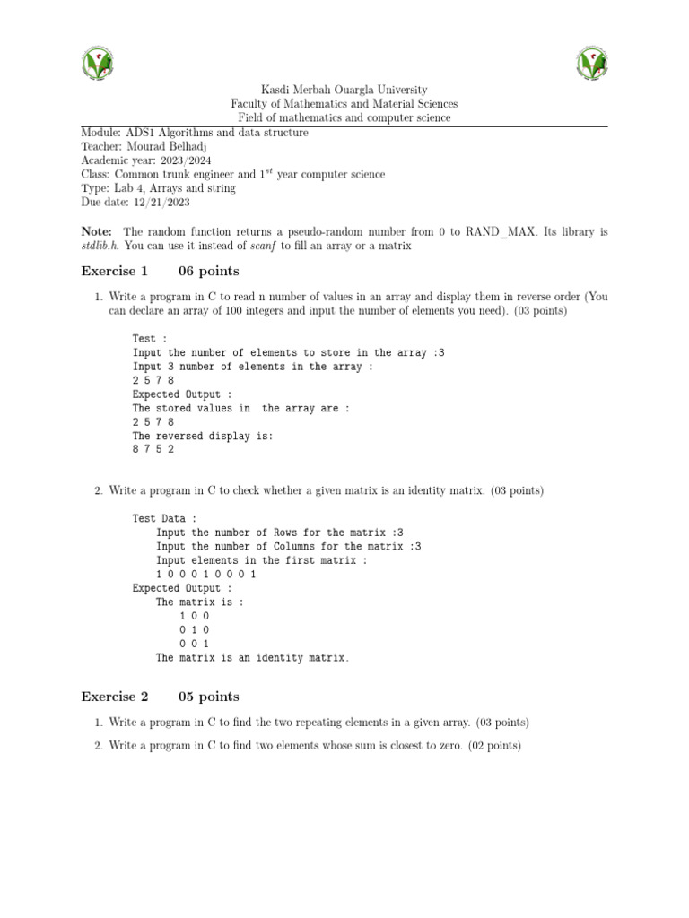 Lab 4 Arrays And Strings Pdf String Computer Science Matrix