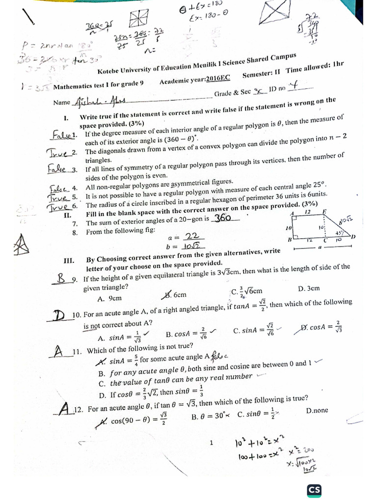 2nd Semester Math Test 1 | PDF