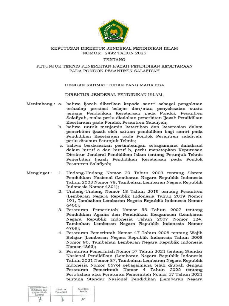 SK Dirjen Pendis Tentang Ijazah PKPPS | PDF