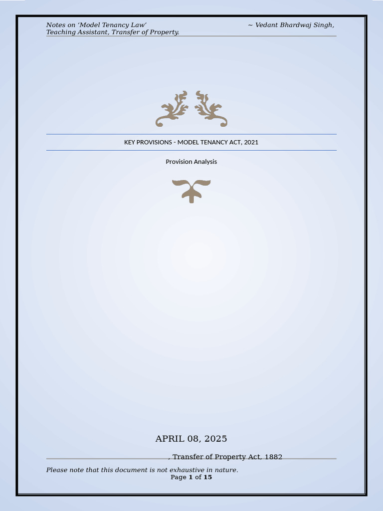 Model Tenancy Law Key Provisions Guide | PDF | Leasehold Estate | Landlord