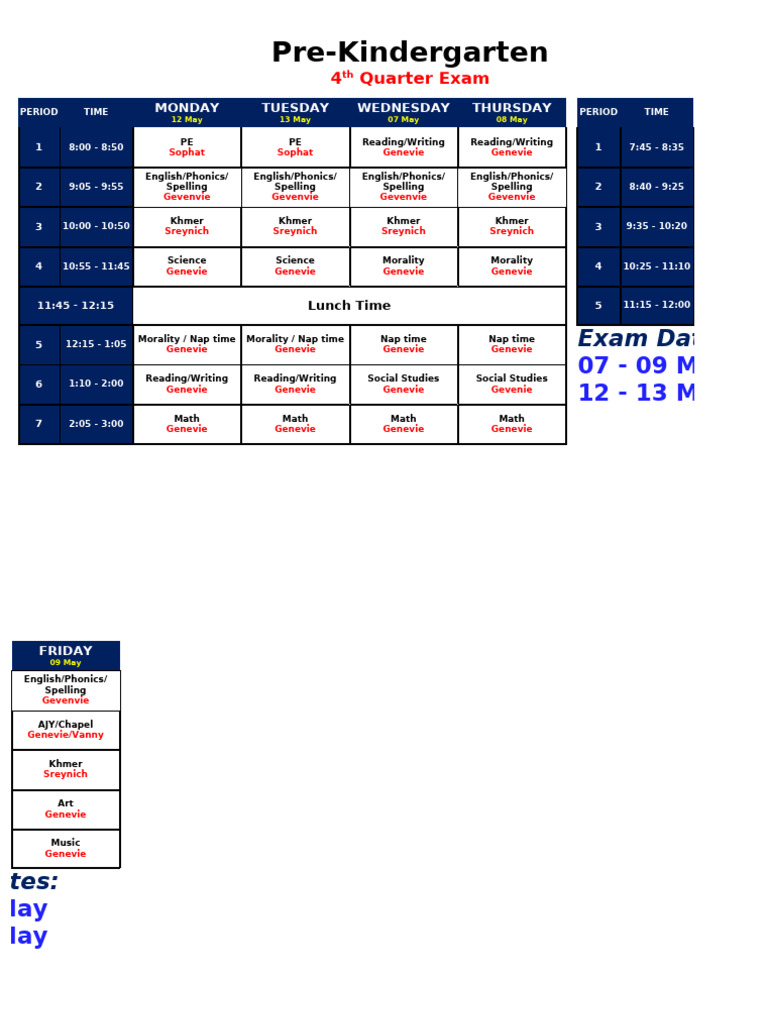 2025 4th Quarter Exam Schedule | PDF | Educational Stages | Cambodia