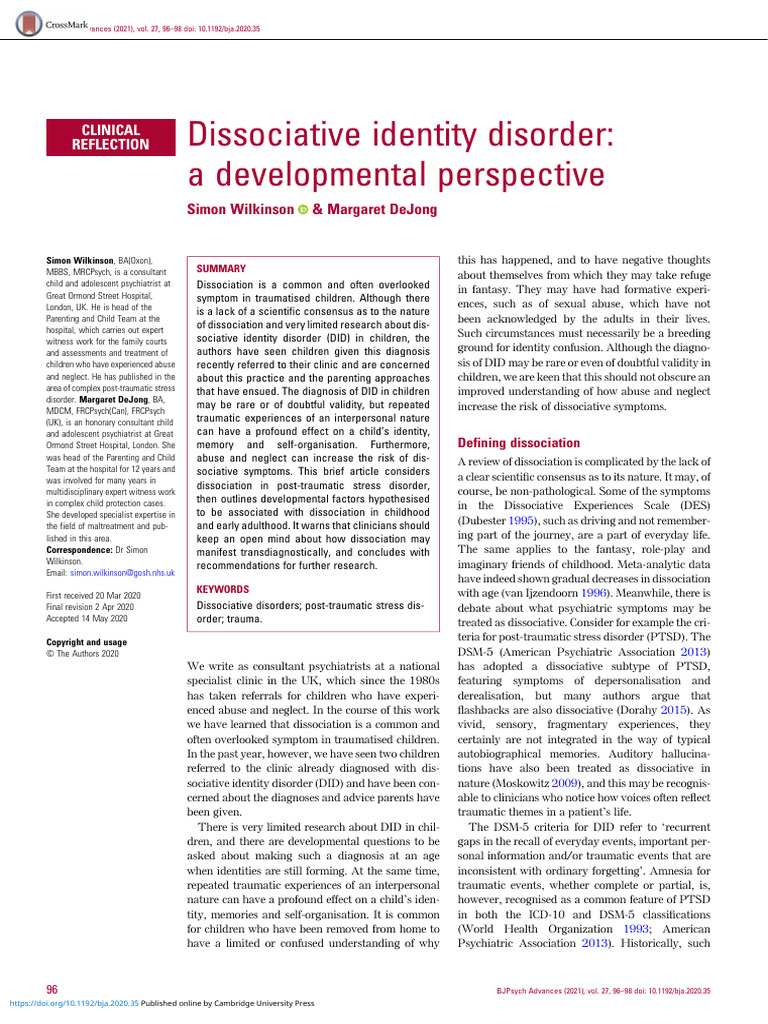 Dissociative Identity Disorder A Developmental Perspective | PDF ...