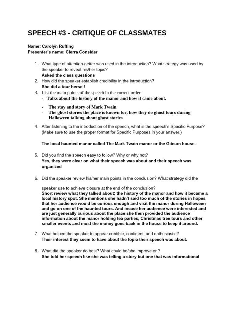 Speech #3 - Critique of Classmates | PDF