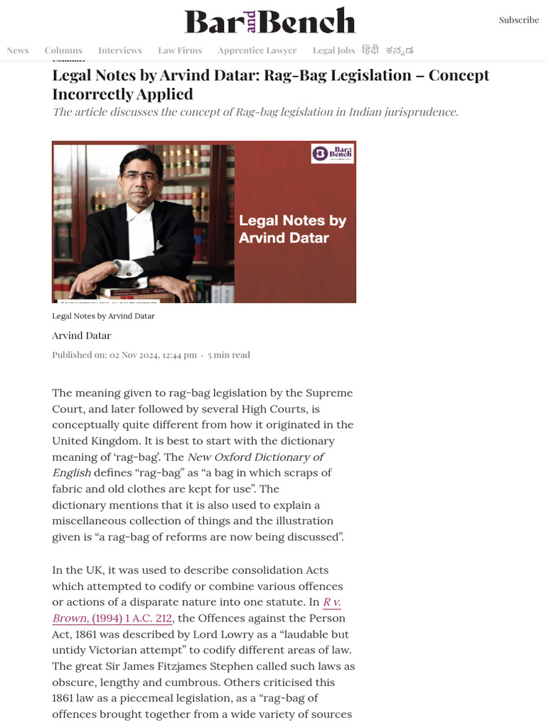 Legal Notes by Arvind Datar - Rag-Bag Legislation - Concept Incorrectly ...
