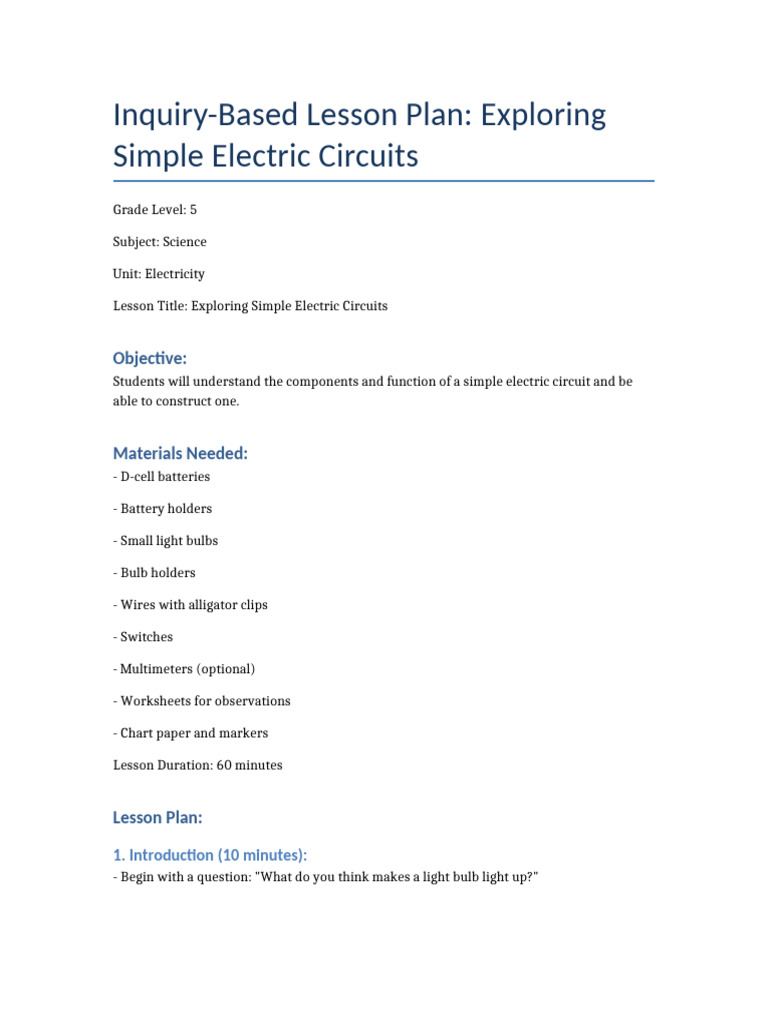 Simple Electric Circuit Lesson Plan | PDF