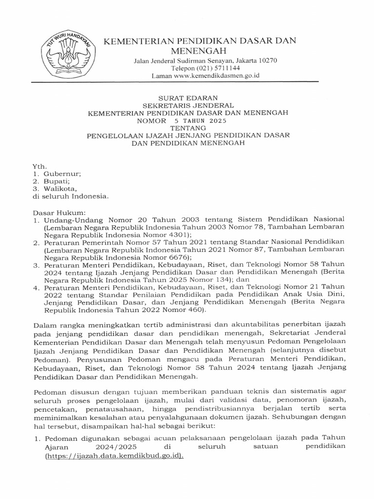 SE SESJEN KEMENDIKDASMEN No 5 Tahun 2025 Tentang Pengelolaan Ijazah Jenjang Pendidikan Dasar Dan ...