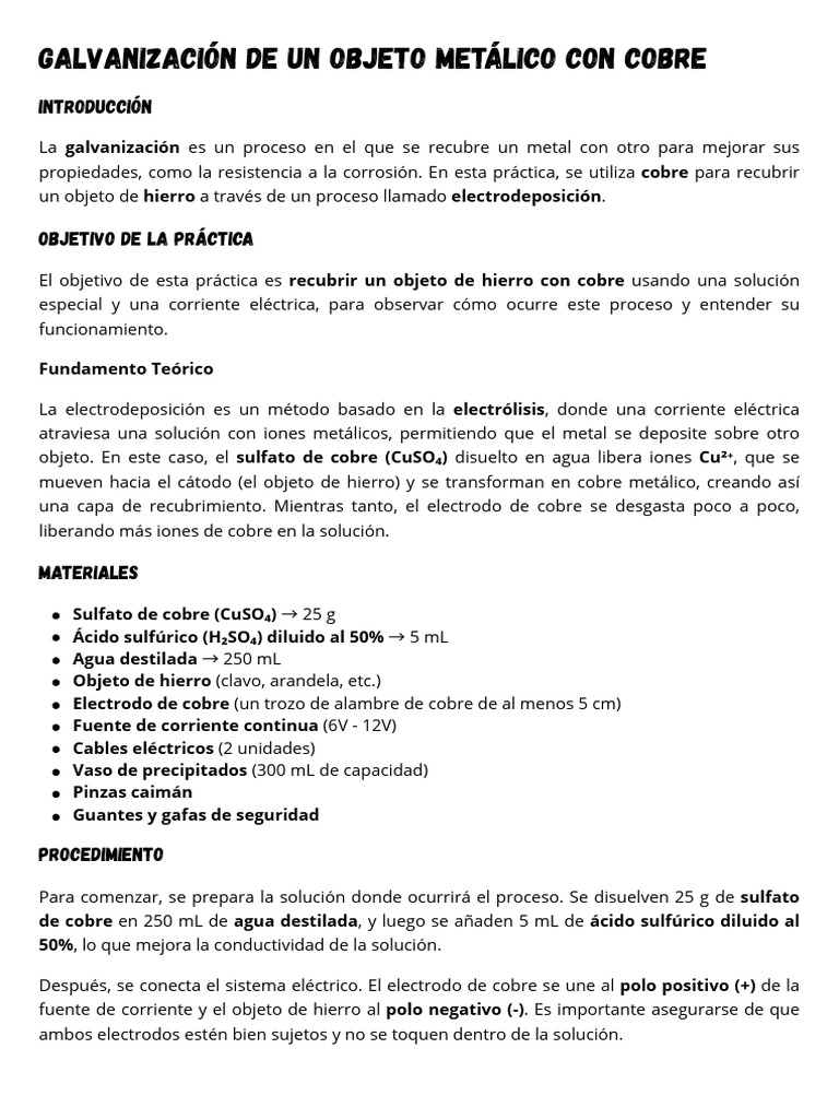 Informe de la Práctica Galvanización de un Objeto Metálico con Cobre.pdf | PDF | Cobre | Química