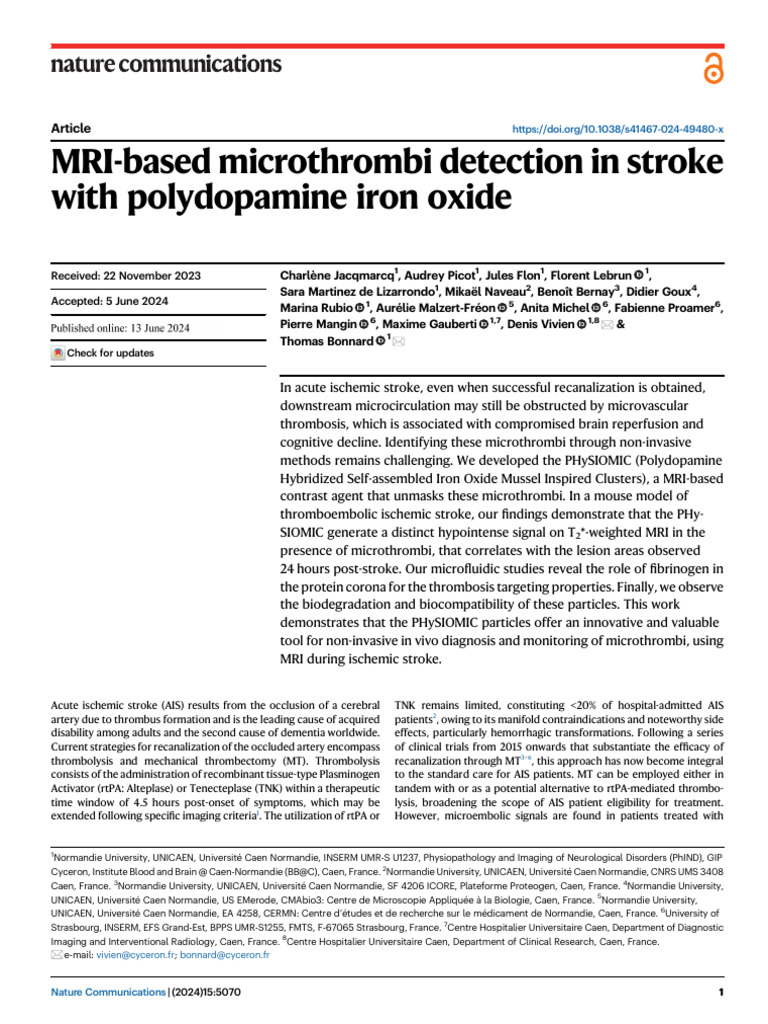 MRI-based Microthrombi Detection in Stroke With Polydopamine Iron Oxide ...
