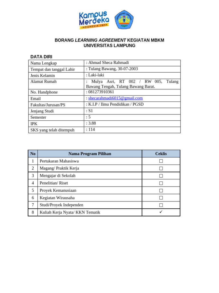 Ahmad Sheca Rahmadi - Borang Learning Agreement | PDF