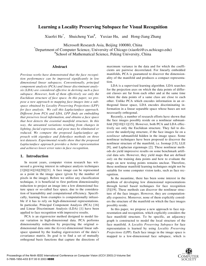 Learning A Locality Preserving Subspace For Visual Recognition | PDF | Principal Component ...