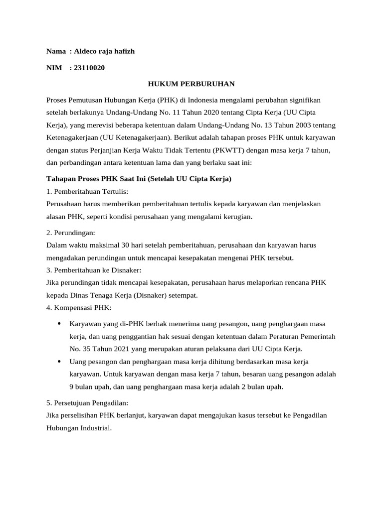 Proses PHK Pasca UU Cipta Kerja | PDF