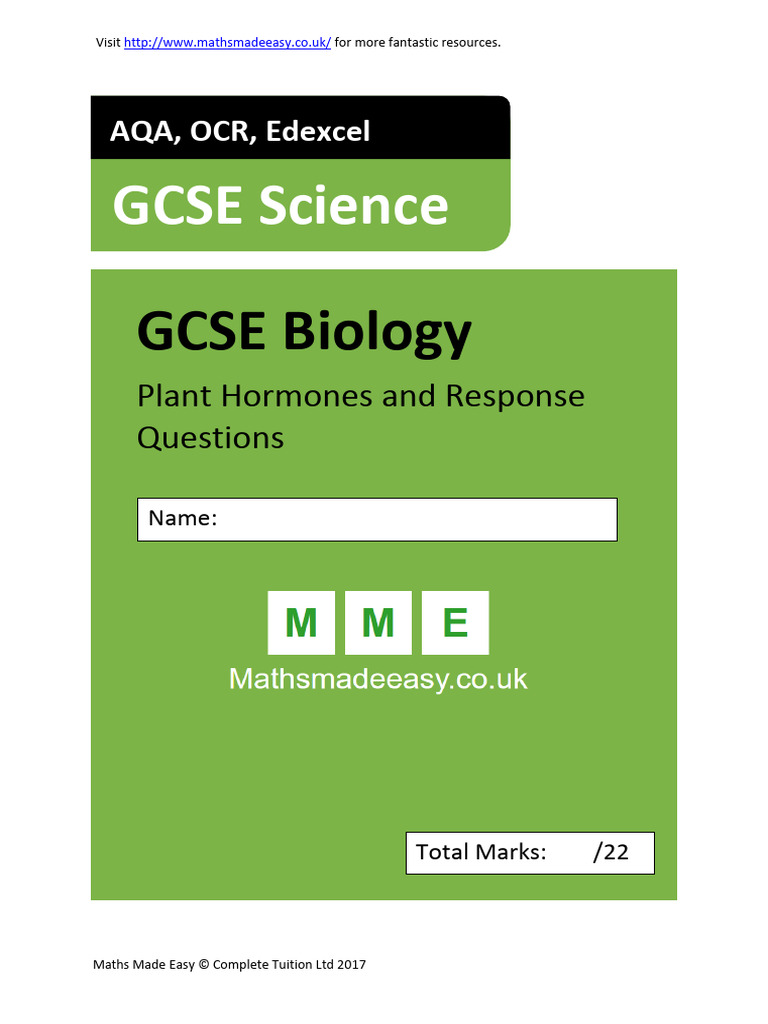 GCSE Biology AQA OCR EDEXCEL Plant Hormones and Response Questions | PDF