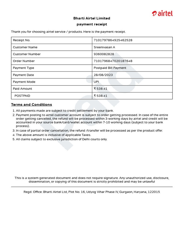 Airtel Receipt | PDF
