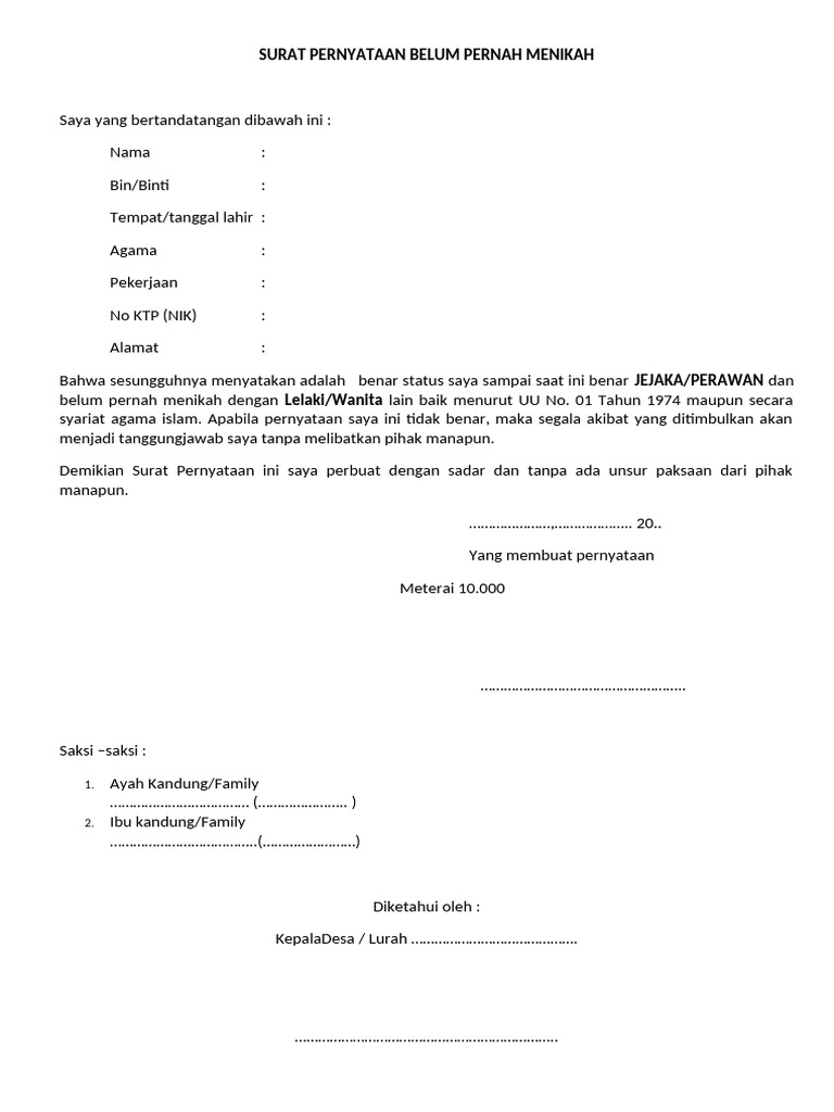 Surat Pernyataan Jejaka & Perawan | PDF