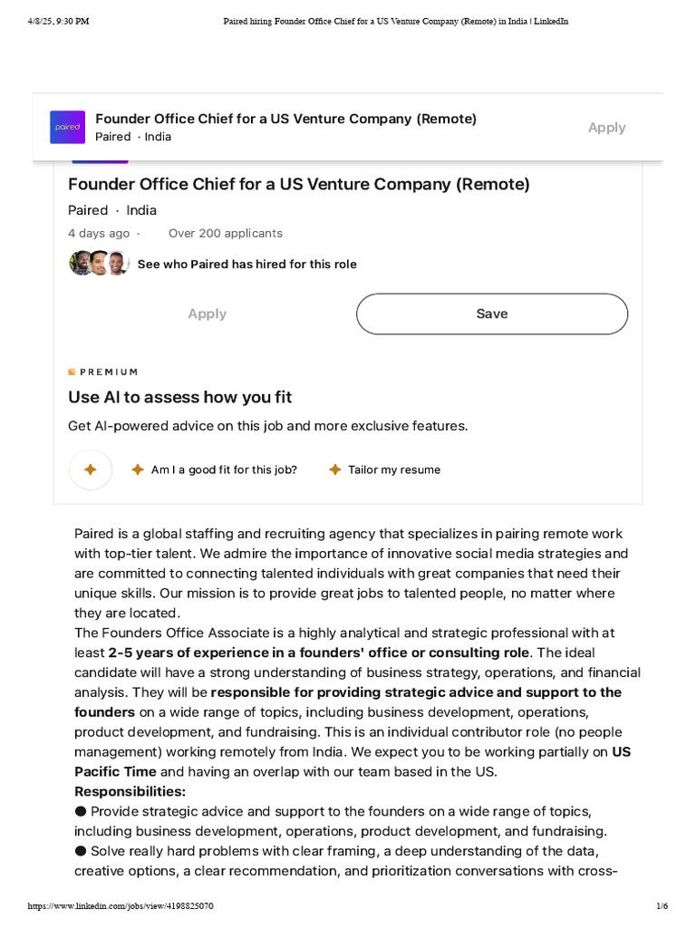 Paired Hiring Founder Office Chief For A US Venture Company (Remote) in India - LinkedIn | PDF ...