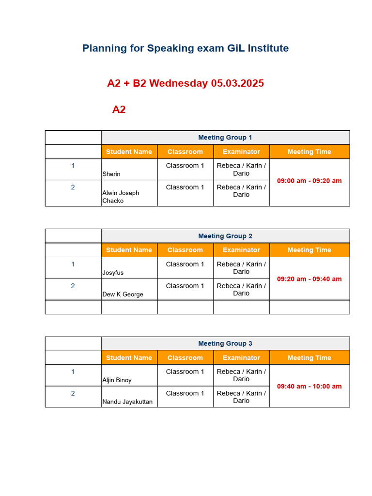 Planning Speaking Exam A2 + B2 Wednesday | PDF