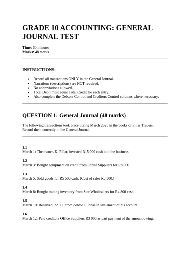 Grade 10 General Journal Test Guide | PDF | Debits And Credits | Money