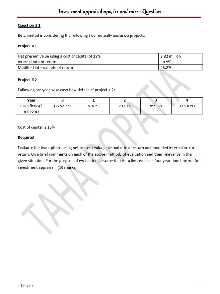 Investment appraisal npv, irr and mirr - question | PDF