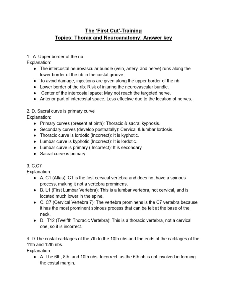 Answer Key - Thorax and Neuroanatomy | PDF | Coronary Circulation | Vein
