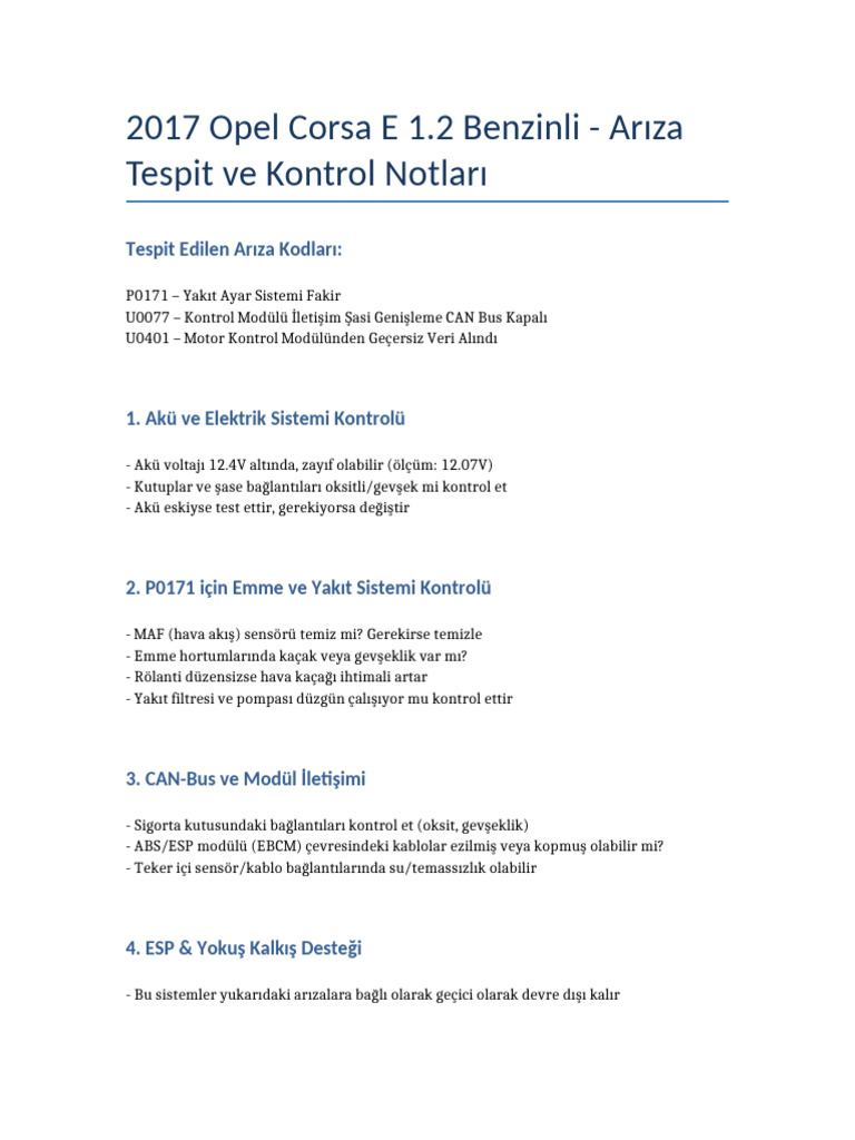 Opel_Corsa_E_Ariza_Kontrol_Notlari | PDF