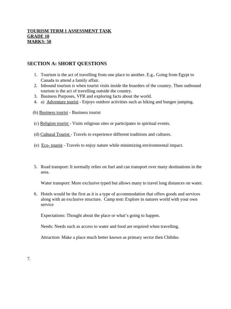 Grade 10 Tourism Assessment Overview | PDF